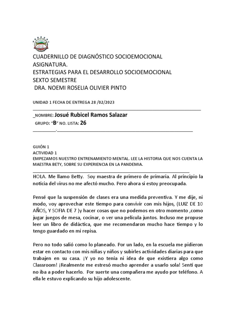 Cuadernillo de Diagnóstico Socioemocional Asignatura. Estrategias para ...