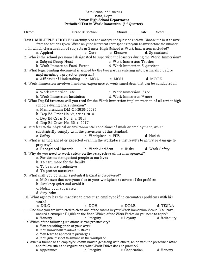 3rd Quarter Periodical Test-Work-Immersion | PDF