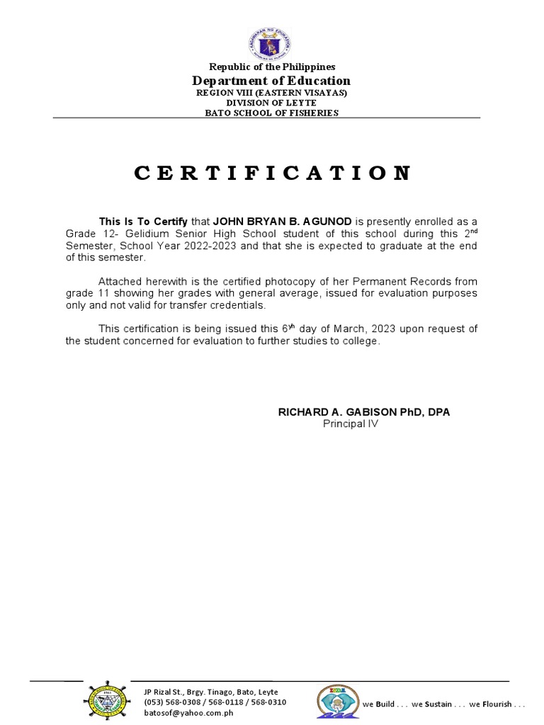 Grade 12 Enrollment Certification 2023 | PDF | Government | Educational ...