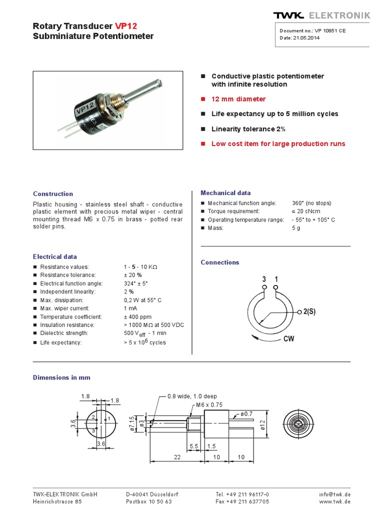 Rotary Transducer Subminiature Potentiometer: Conductive Plastic ...