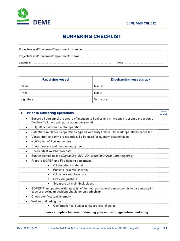 DEME-VMS-CHL-022 Bunkering Checklist | PDF | Valve | Tanks