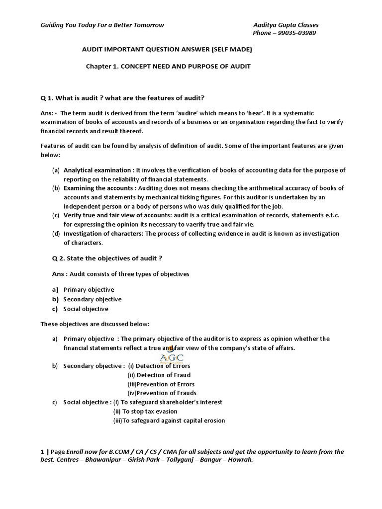Audit Important Question With Answer Chapter 1 To 5 | PDF | Audit | Financial Audit