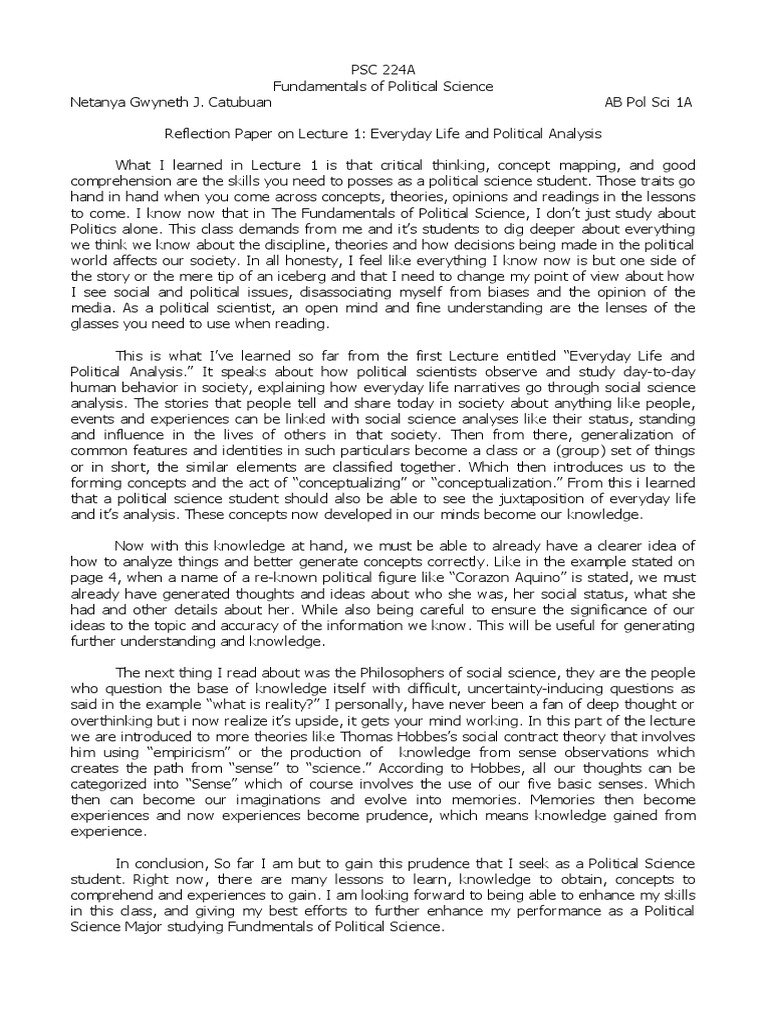 Fundamentals of Political Science Reflection Paper | PDF