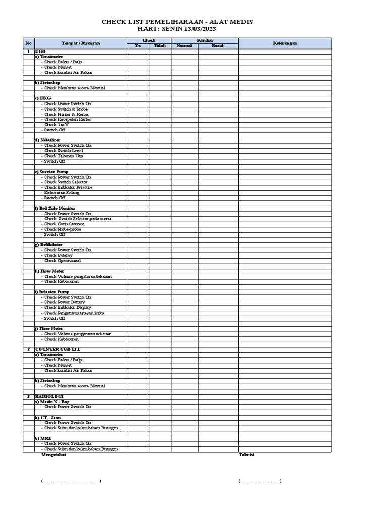 Check List Pemeliharaan Alat Medis | PDF