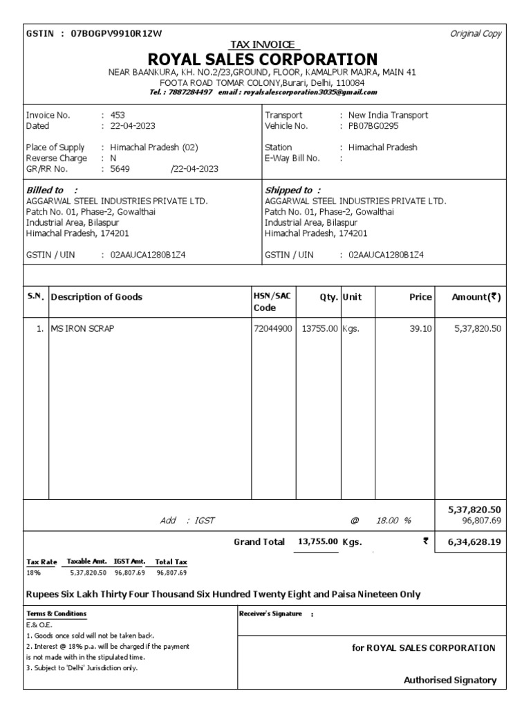 Royal Sales Corporation: Tax Invoice | PDF | Public Law | Government