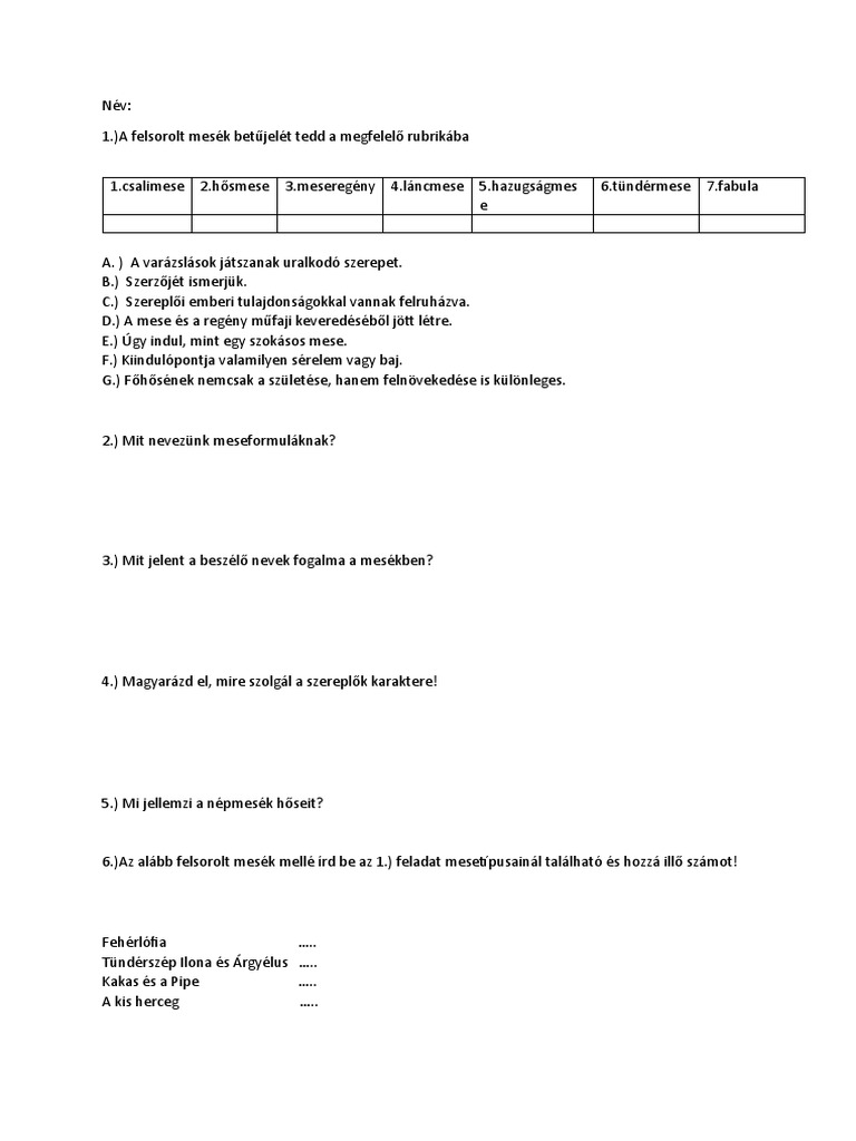 Osztályos Dolgozat - Mese | PDF