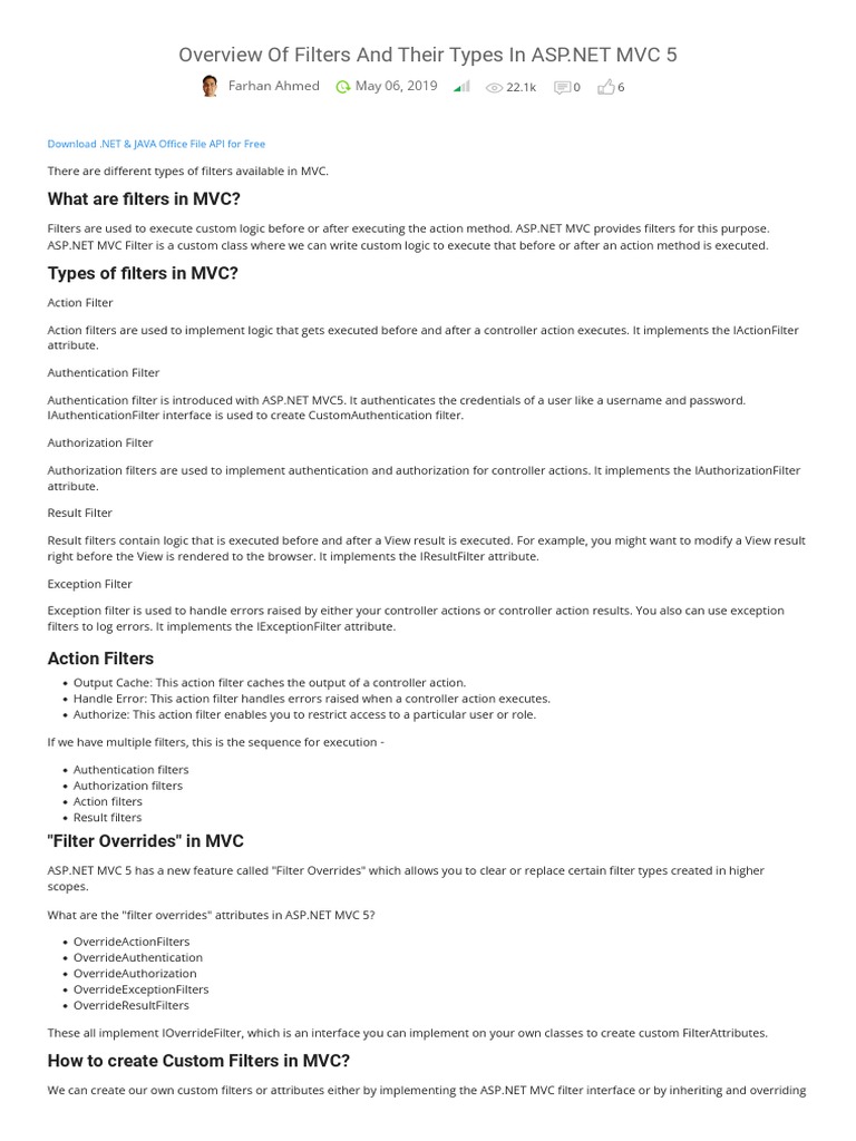 Overview Of Filters And Their Types In Asp Net Mvc 5 Pdf 5895