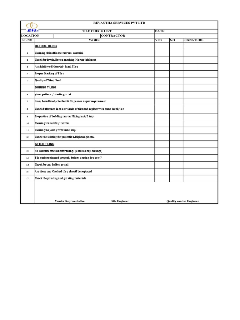 Check List For Tiling Work | PDF