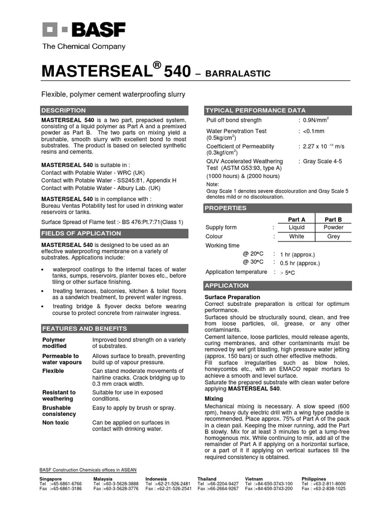 Masterseal 540 Tds | PDF | Concrete | Water