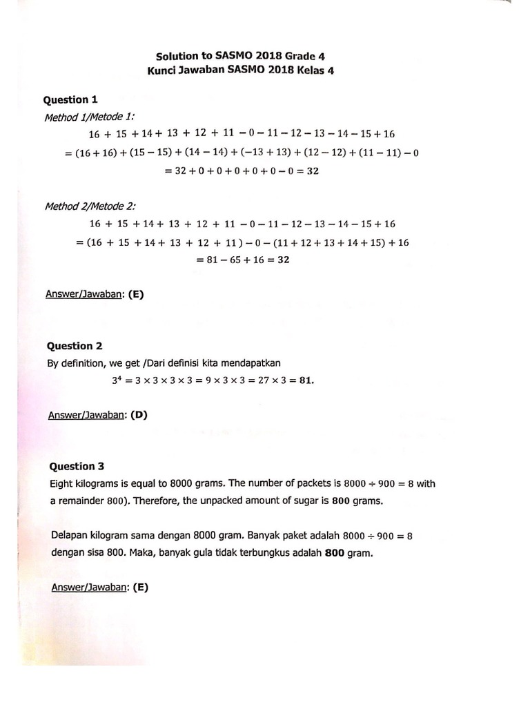 Primary 4 SASMO 2018 Solutions | PDF
