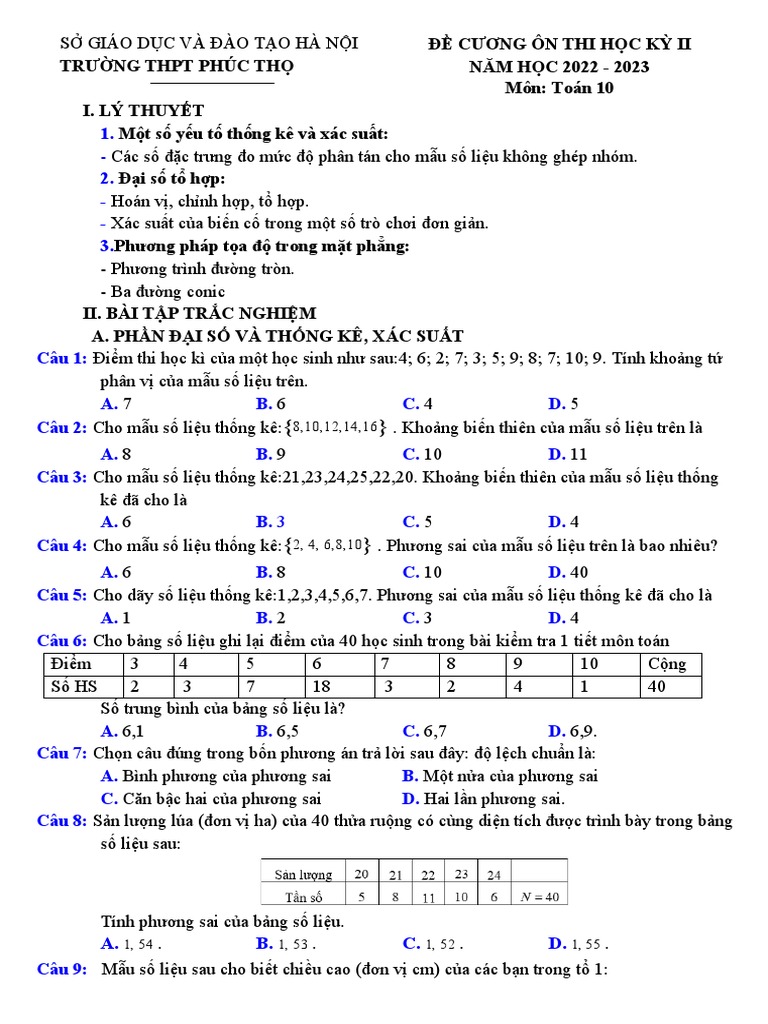 De Cuong Hoc Ky 2 Toan 10 Nam 2022 2023 Truong THPT Phuc Tho Ha Noi | PDF