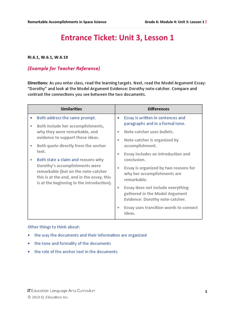 Entrance Ticket: Unit 3, Lesson 1: (Example For Teacher Reference ...