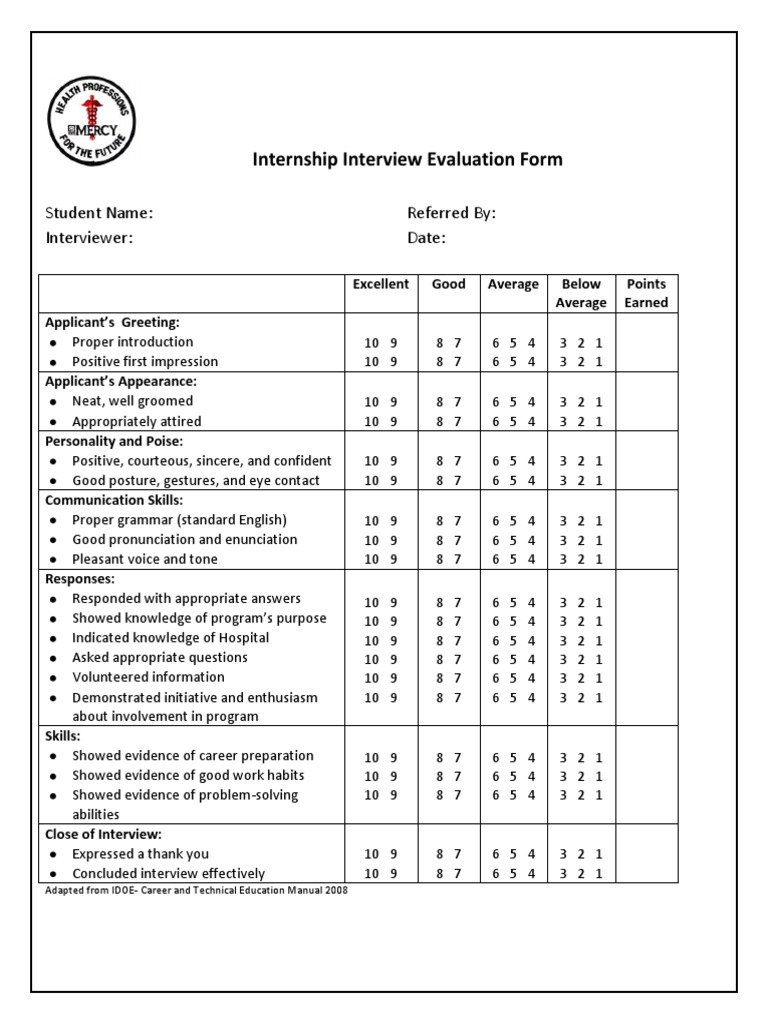 Internship Interview Evaluation Form: Student Name: Referred By: Interviewer: Date | Download ...