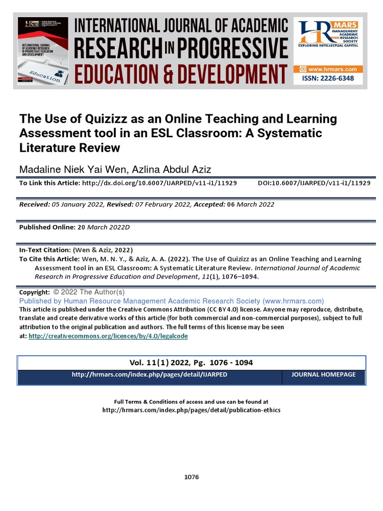 The Use of Quizizz As An Online Teaching and Learning Assessment Tool in An Esl Classroom A ...