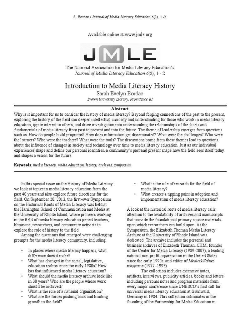 Introduction To Media Literacy History: Sarah Evelyn Bordac | PDF ...