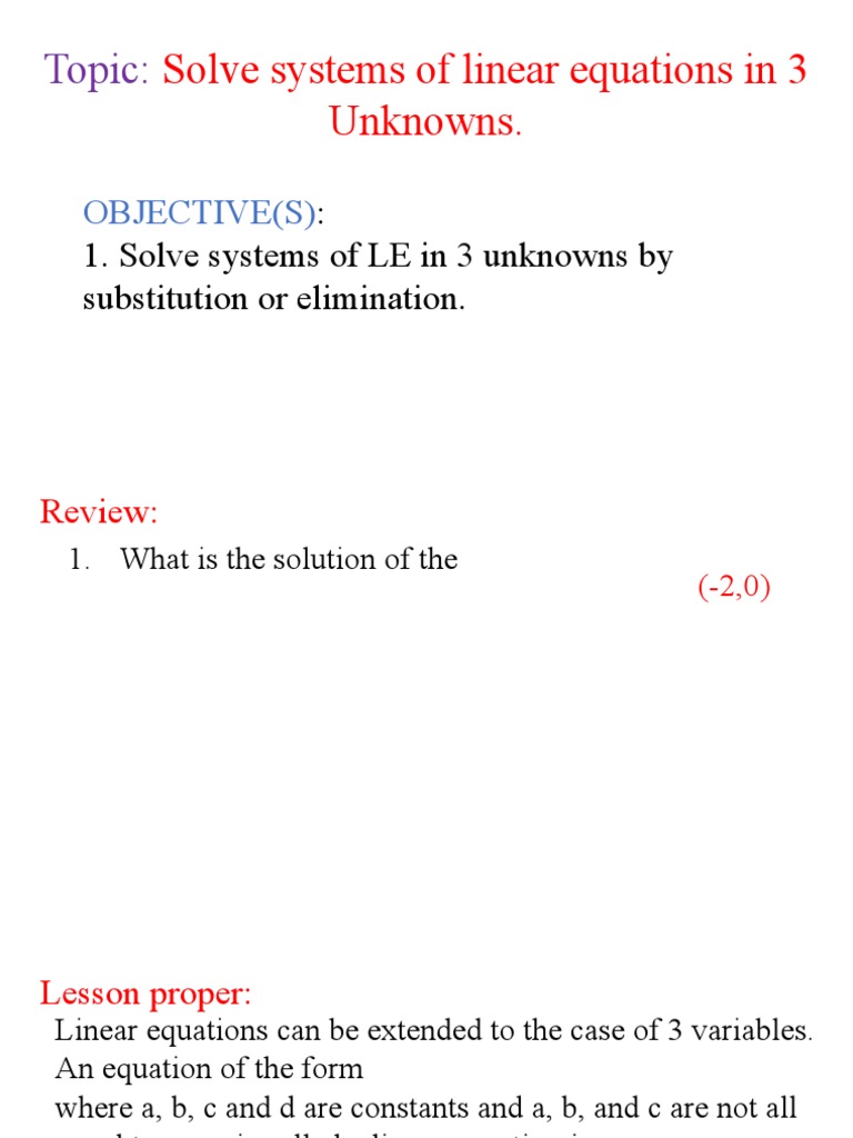 Solve Systems of Linear Equations in 3 Unknowns.: Topic | PDF