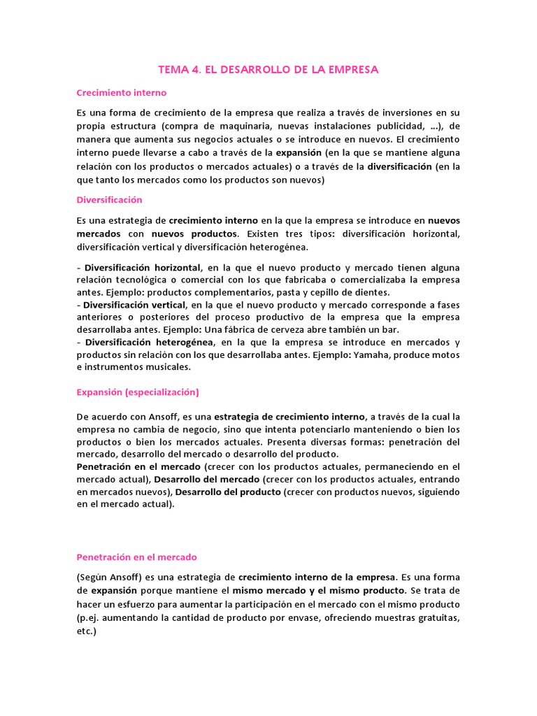 Conceptos Tema 4. El Desarrollo de La Empresa | PDF | Diversificación (Finanzas) | Mercado ...