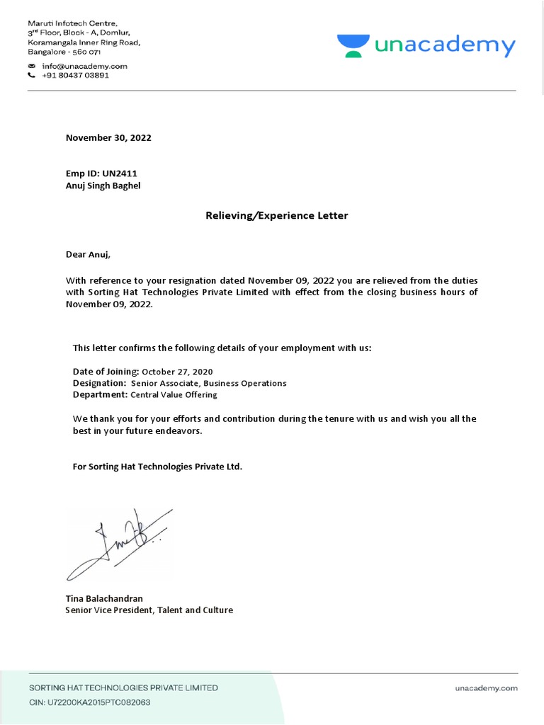 UN2411 - Anuj Singh Baghel - Relieving Letter | PDF