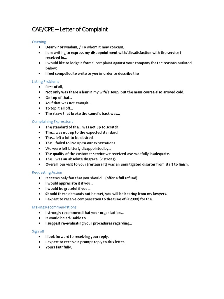 Letter of Complaint Phrase Sheet | PDF