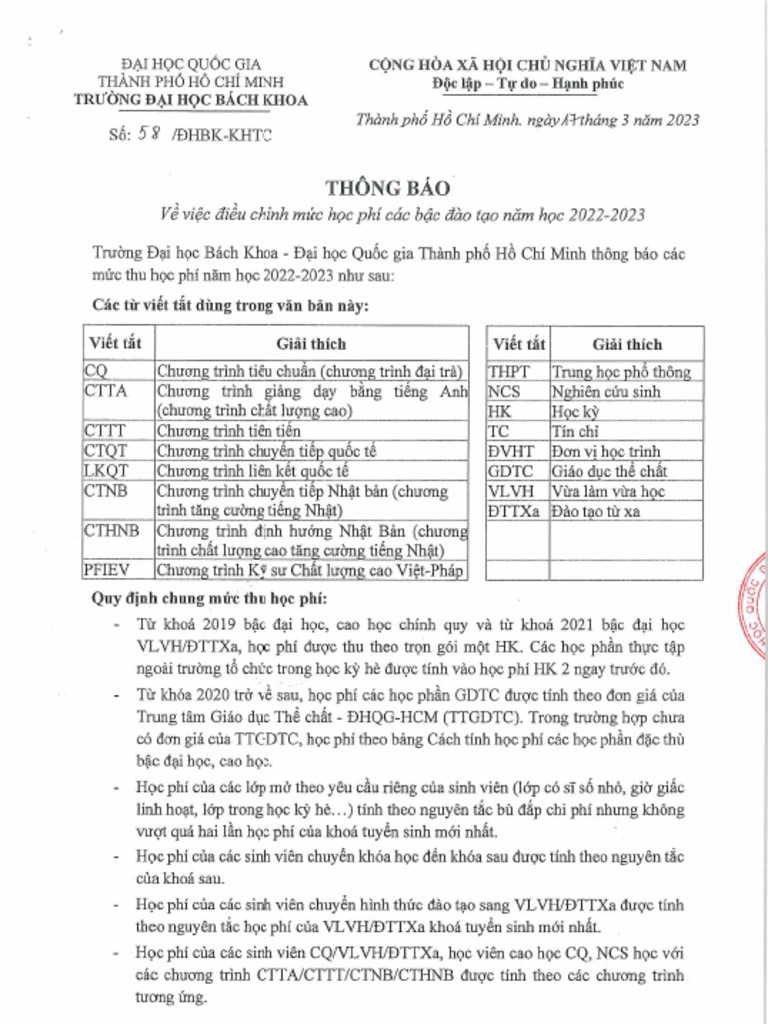 58 DHBK KHTC Thong Bao Dieu Chinh Muc Hoc Phi 2022-2023 17 3 2023 | PDF