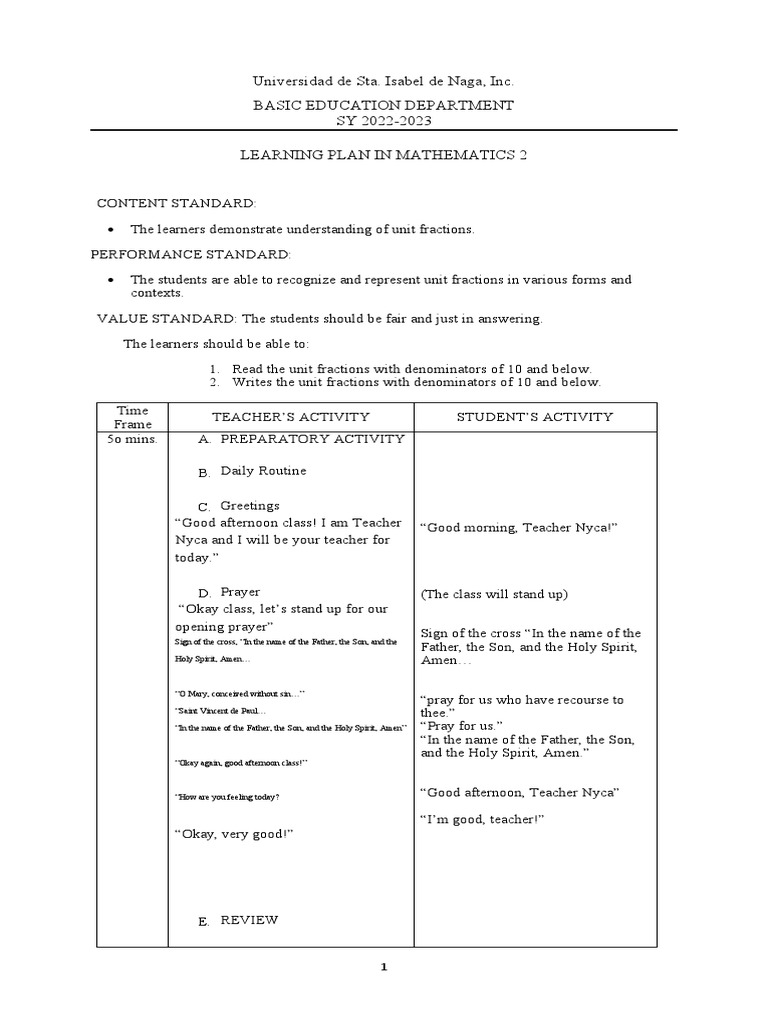 DAY 5 (MATHEMATICS) DLP IN GRADE 2 Reading and Writing Unit Fractions (April 11, 2023) | PDF ...