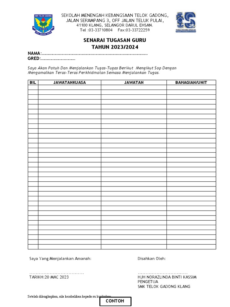 Borang Senarai Tugasan Guru dan CONTOH_2023_2024 | PDF
