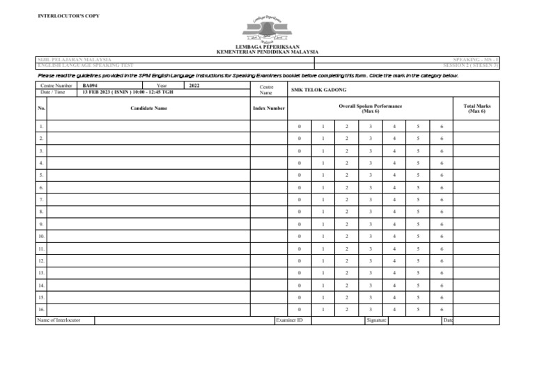 Borang Markah Interlocutor Ujian Lisan SPM | PDF | Educational Organizations | Career And ...