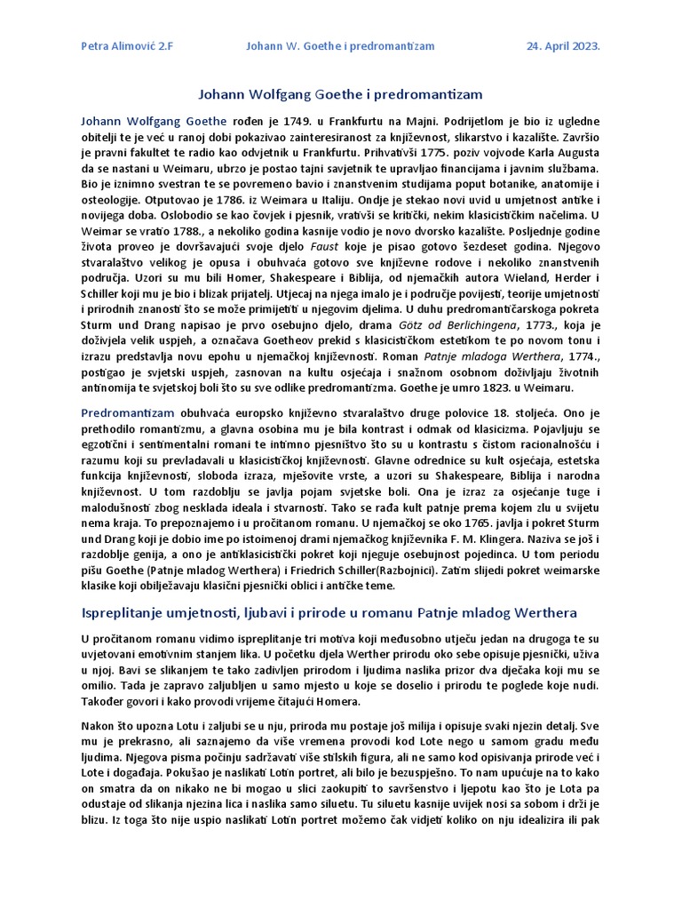 Johann Wolfgang Goethe I Predromantizam | PDF