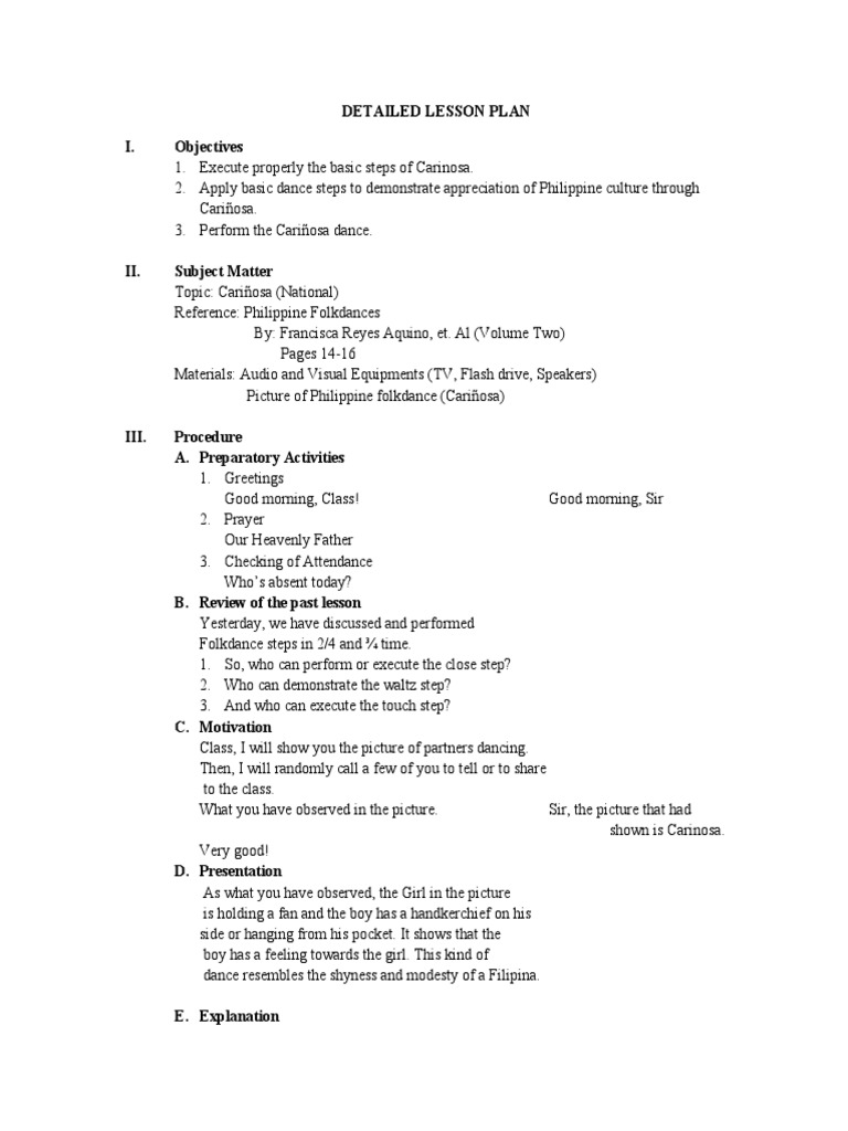 Detailed Lesson Plan I. Objectives | PDF | Dances | Performing Arts