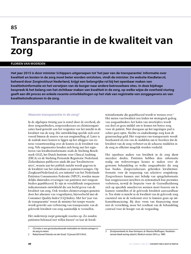 Artikel Transparantie Kwaliteit Van Zorg Tijdschrift Zorg Recht in Praktijk | PDF