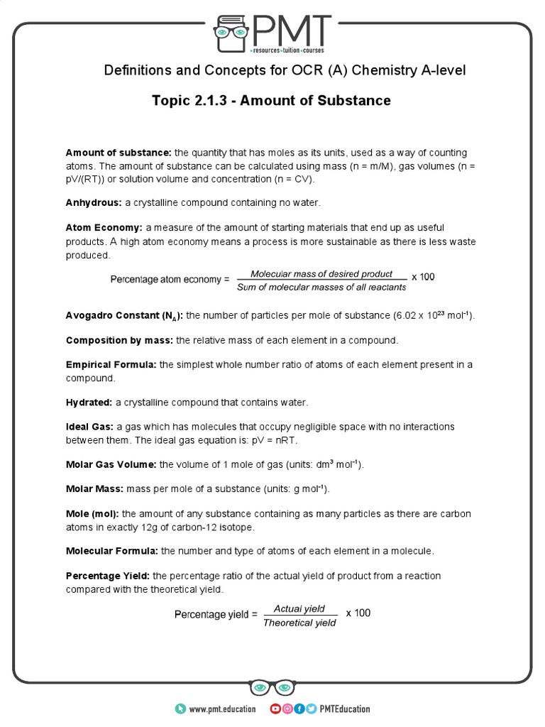 Definitions - Topic 2.1.3 Amount of Substance - OCR A Chemistry A Level | PDF