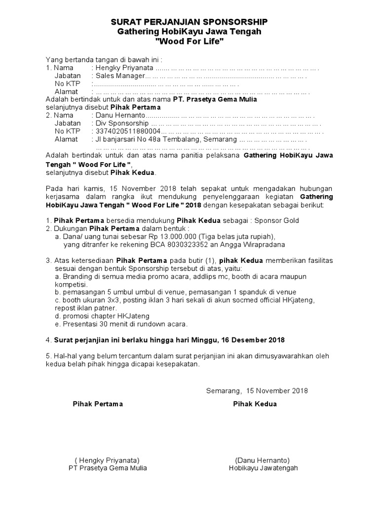 SURAT PERJANJIAN SPONSORSHIP Gathering HobiKayu CARTA | PDF