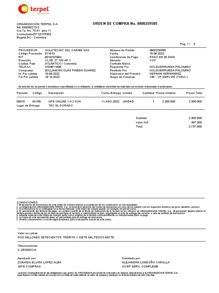 Orden de Compra 4800259585 Solped 4000049386 Solutecnic Del Caribe Sas ...