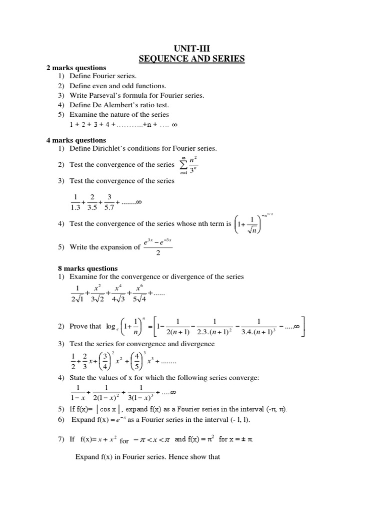 Unit-Iii Sequence and Series: 2 Marks Questions | PDF | Mathematics | Mathematical Relations