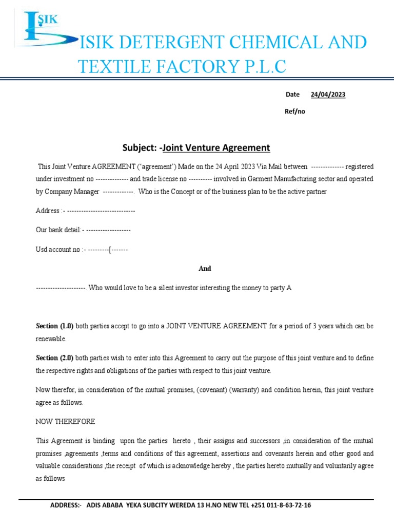 Isik Detergent Chemical and Textile Factory P.L.C: Subject: - Joint Venture Agreement | PDF ...