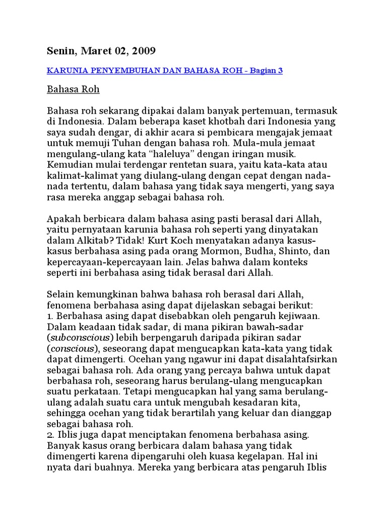 Senin, Maret 02, 2009: Karunia Penyembuhan Dan Bahasa Roh - Bagian 3 | PDF