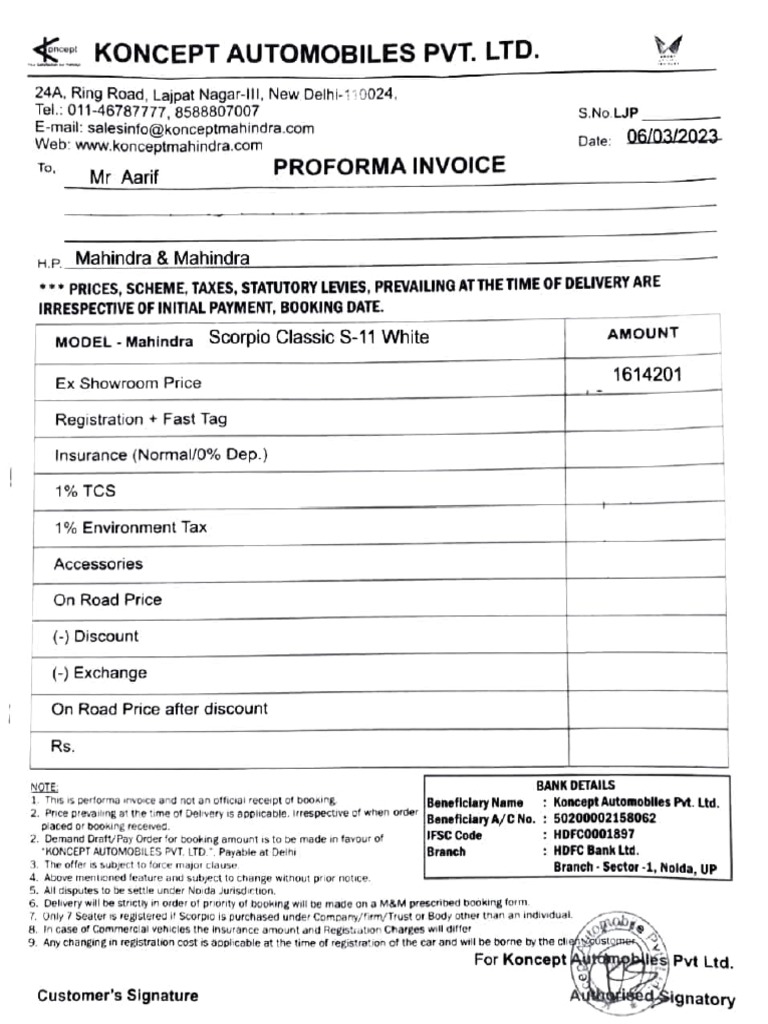Proforma Invoice for the Purchase of a Mahindra Scorpio Classic S-11 ...