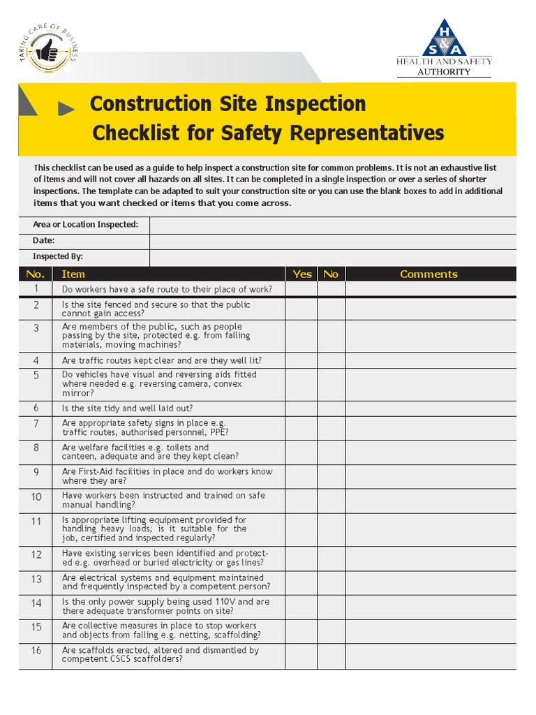 Construction Site Inspection Checklist For Safety Representatives | PDF ...
