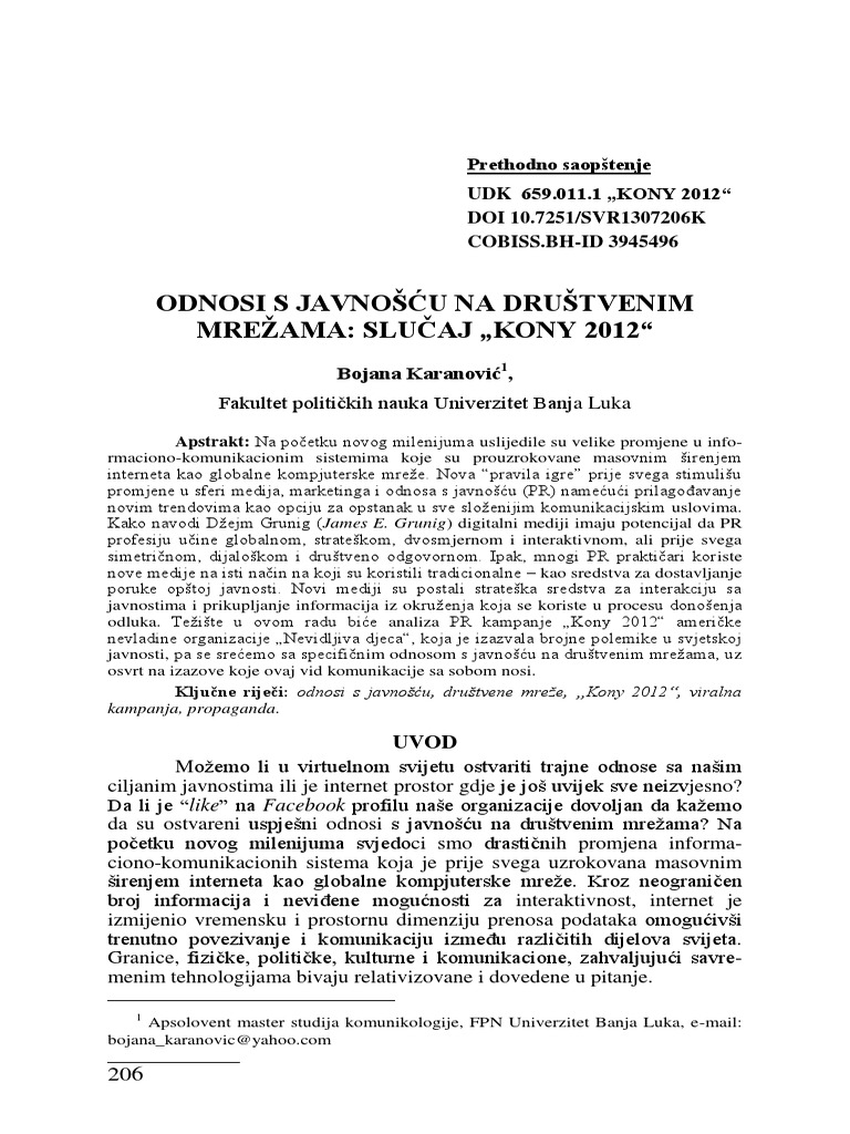 Bojana Karanović Odnosi S Javnošću Na Društvenim Mrežama Slučaj Kony 2012 | PDF