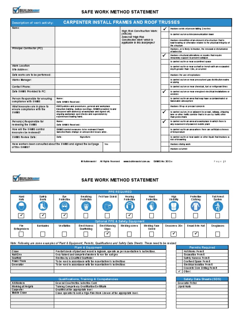 3013 SWMS Carpenter Frames and Trusses | PDF | Risk | Personal ...