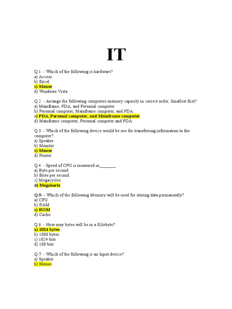 IT Hardware and Software Quiz Questions | PDF | Computer Network ...