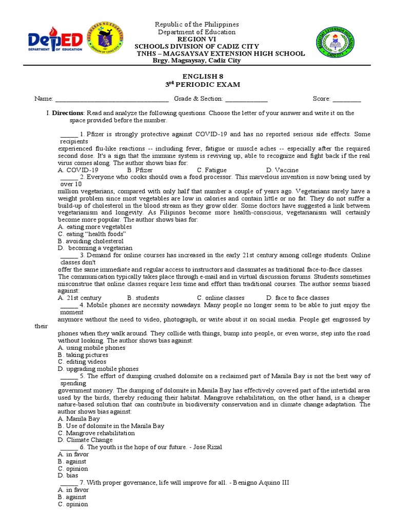 QA 3rd Q Exam ENG8 1 | PDF | Advertising | Propaganda