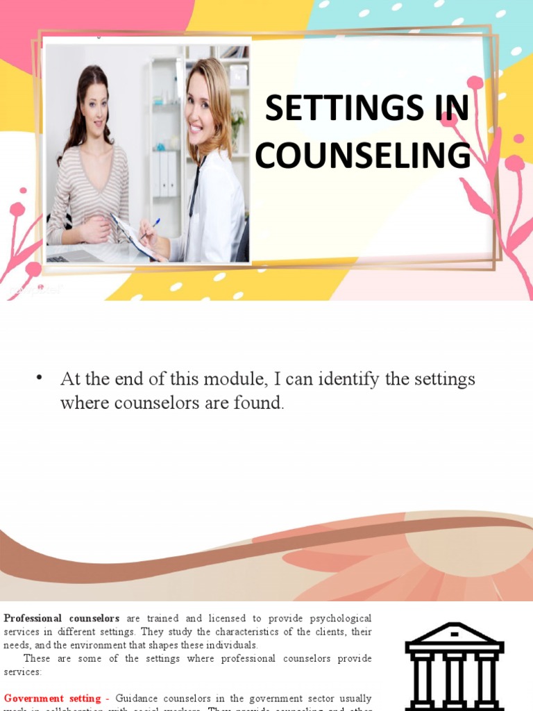 Settings in Counseling | PDF | School Counselor | Psychotherapy