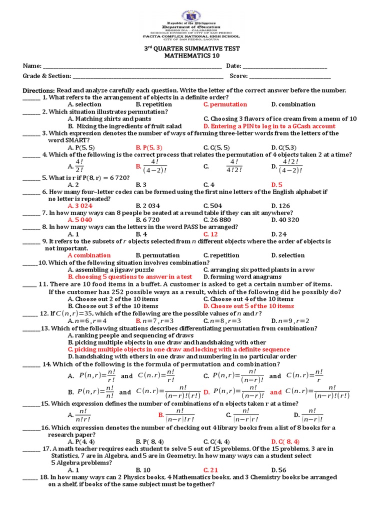 Quarter 3 Summative Test | PDF | Permutation | Mathematics
