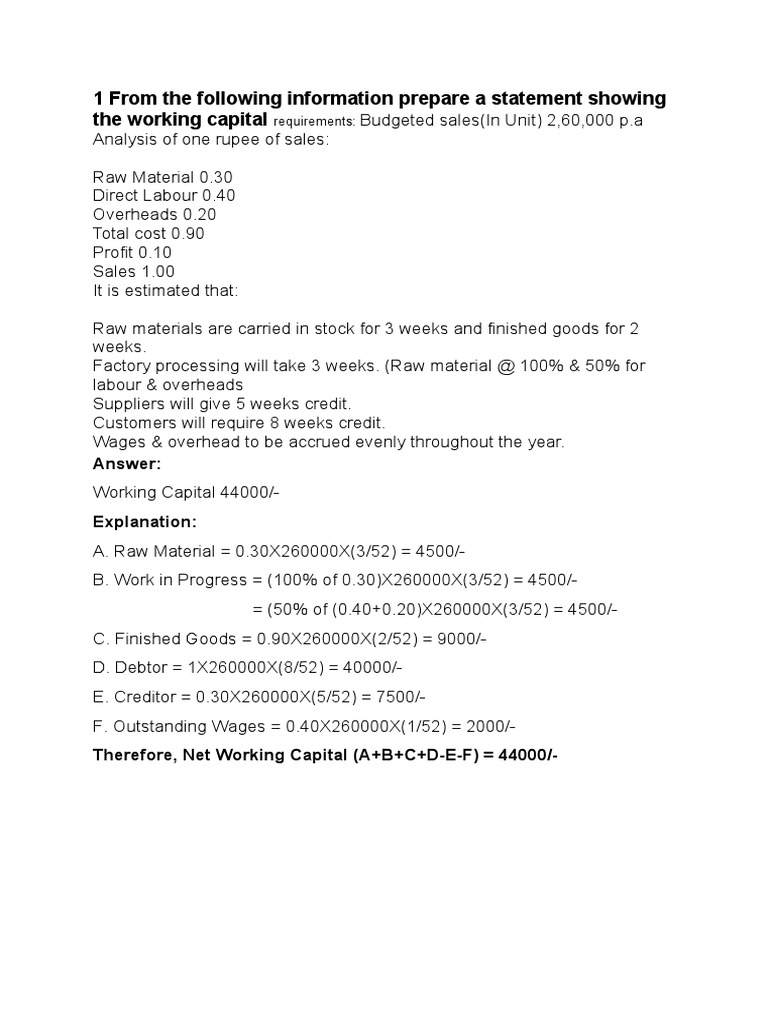1 From The Following Information Prepare A Statement Showing The Working Capital | PDF
