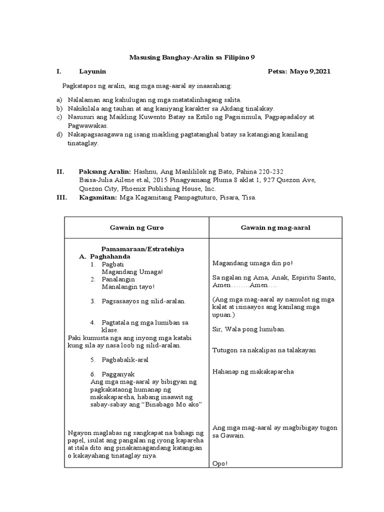 Detailed Lesson Plan in Filipino Baitang 9 Hashnu Ang Manlililok NG ...