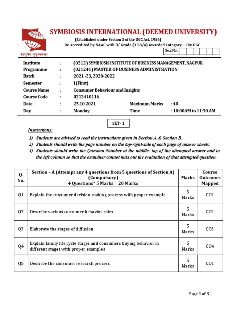 Consumer Behaviour and Insights-Term End Exam Question Paper (Set 1) - Semester 1 | PDF | Brand ...
