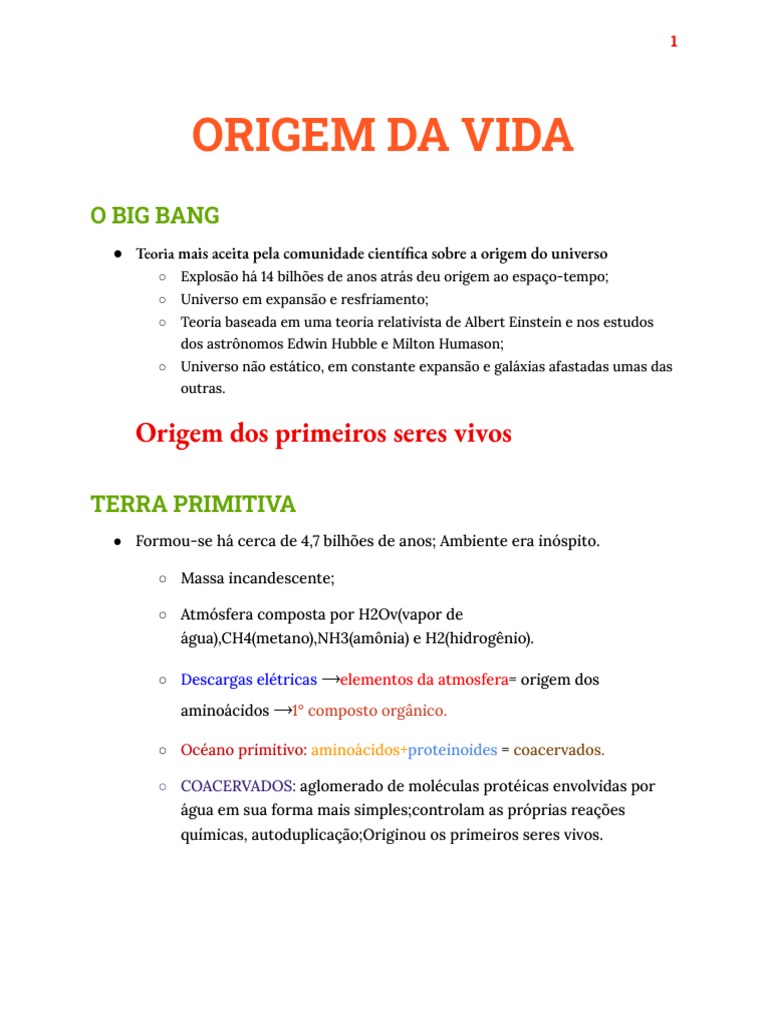 Resumo Sobre Origem Da Vida. | PDF | Abiogênese | Natureza