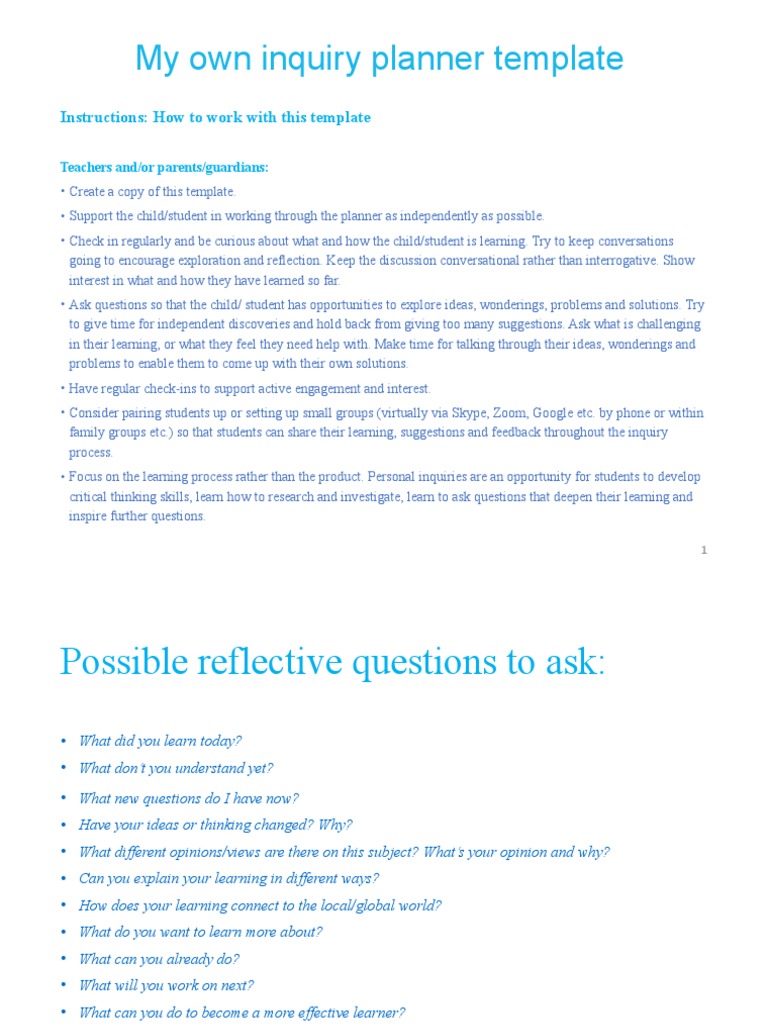 My Own Inquiry Planner Template: Instructions: How To Work With This ...