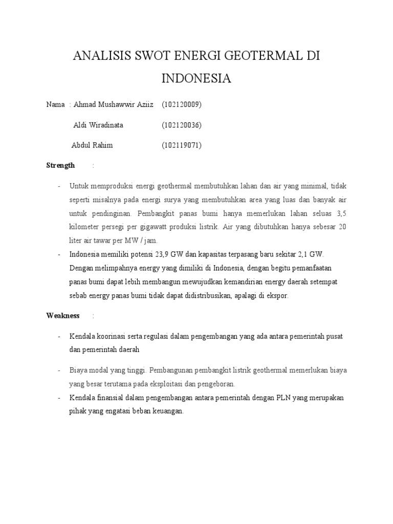 SWOT Analysis for ENERGI GEOTERMAL DI INDONESIA | PDF